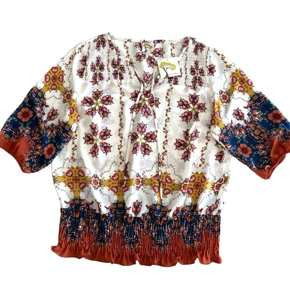 Anthropologie | Tops | New Anthropology Fig Flower Smocked Bottom Boho ...